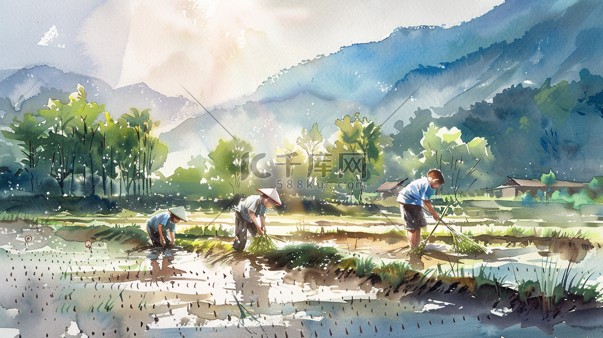 水彩绘画田地里农民儿童种水稻的1插画图片-千库网