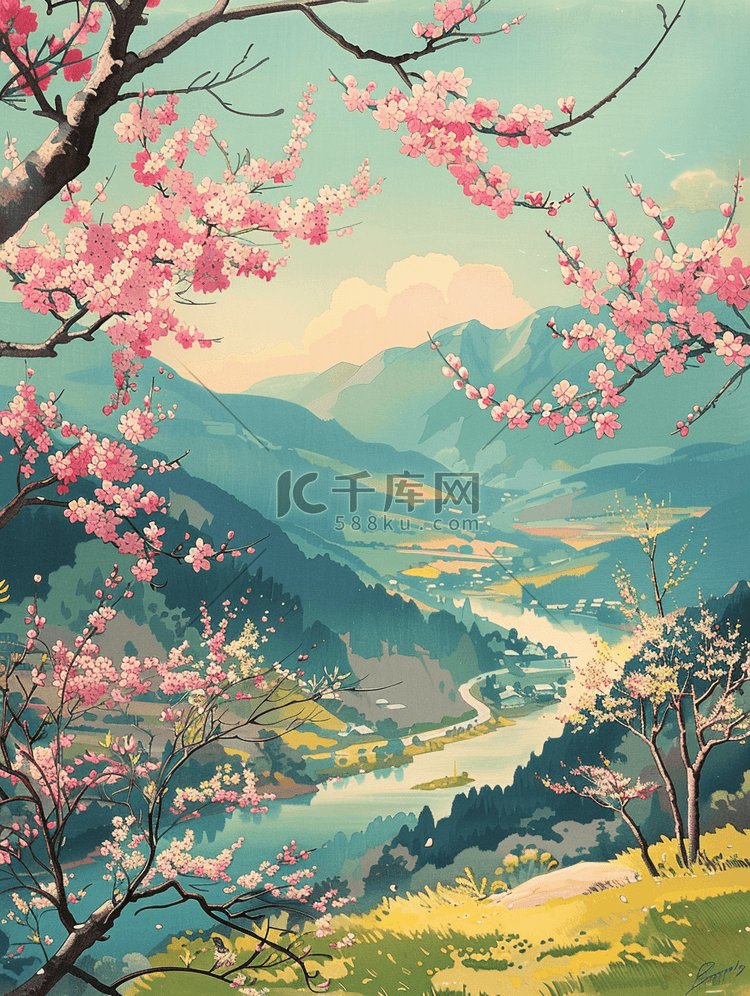 生机勃勃春季大自然美景插画图片-千库网