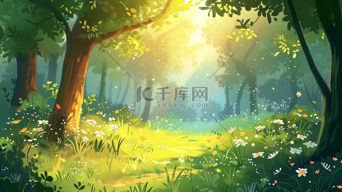 彩色户外森林风景阳光花草树木的插画图片-千库网