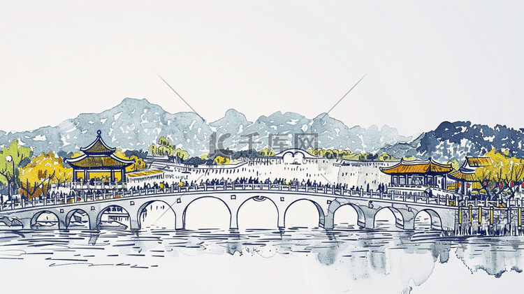 拱形桥手绘清新插画图片-千库网