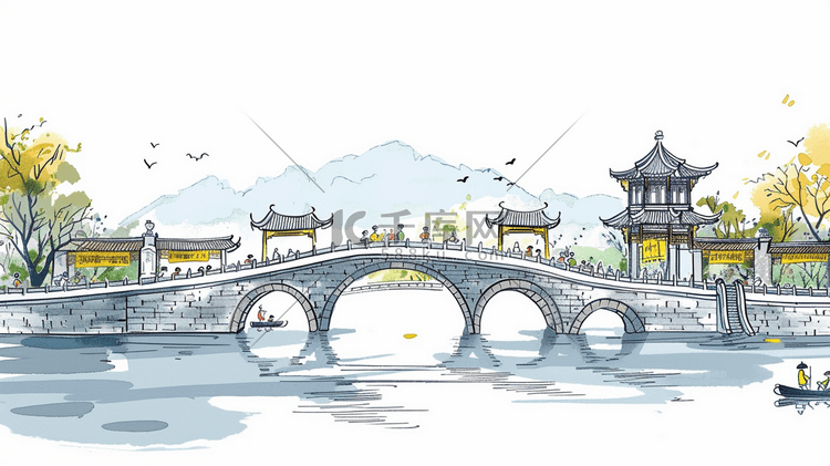拱形桥手绘清新插画图片-千库网