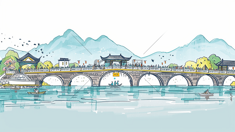 拱形桥手绘清新插画图片-千库网