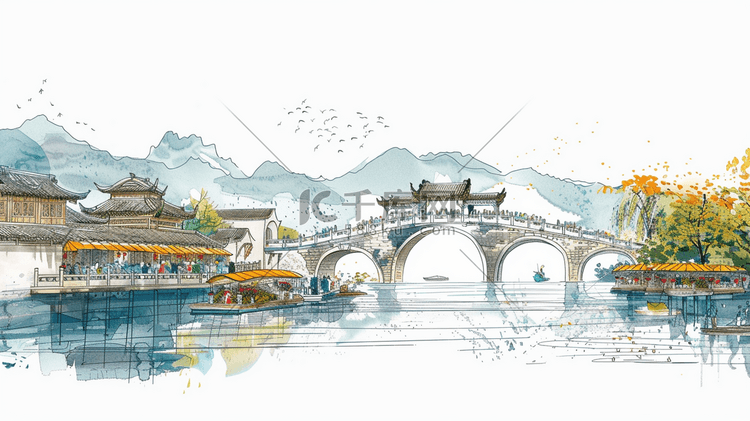 拱形桥手绘清新插画图片-千库网
