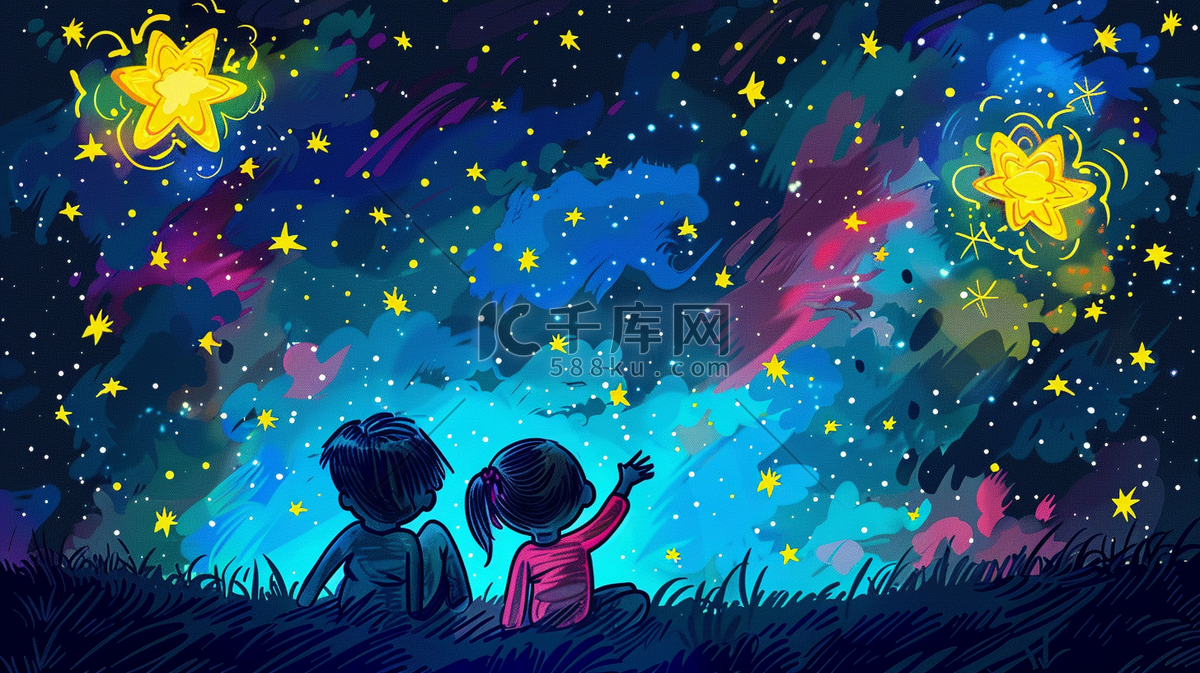 草地上观赏夜空星星的两个小孩插画图片-千库网