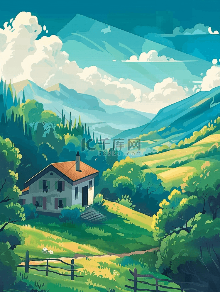 夏季海报山峰梯田栅栏手绘插画图片-千库网