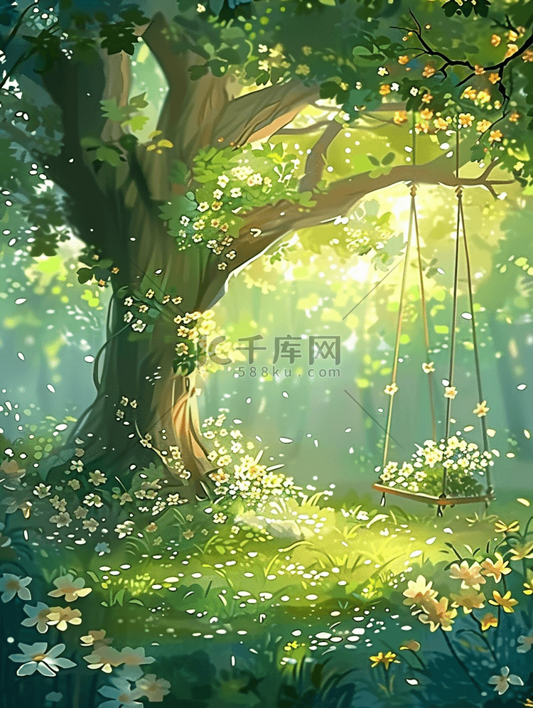 夏季唯美树林海报手绘插画图片-千库网