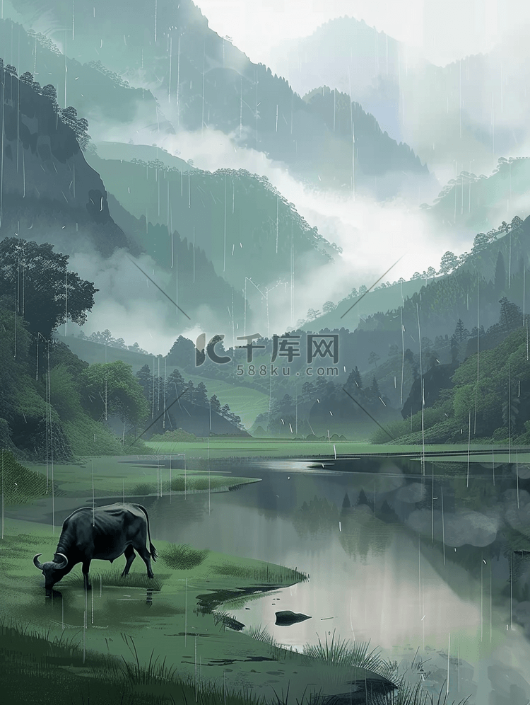 夏季山水河流水墨画海报插画图片-千库网