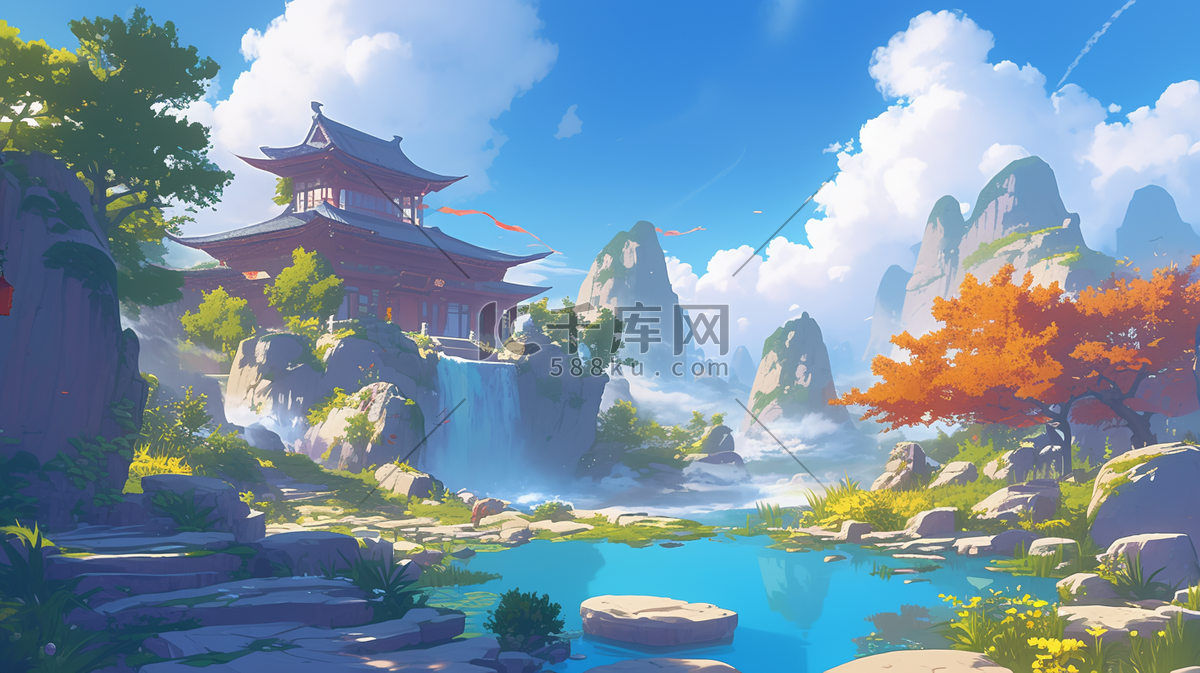 绘画户外风景区山水凉亭建筑塔的插画图片-千库网