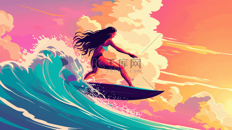 正在冲浪的女性1插画图片-千库网