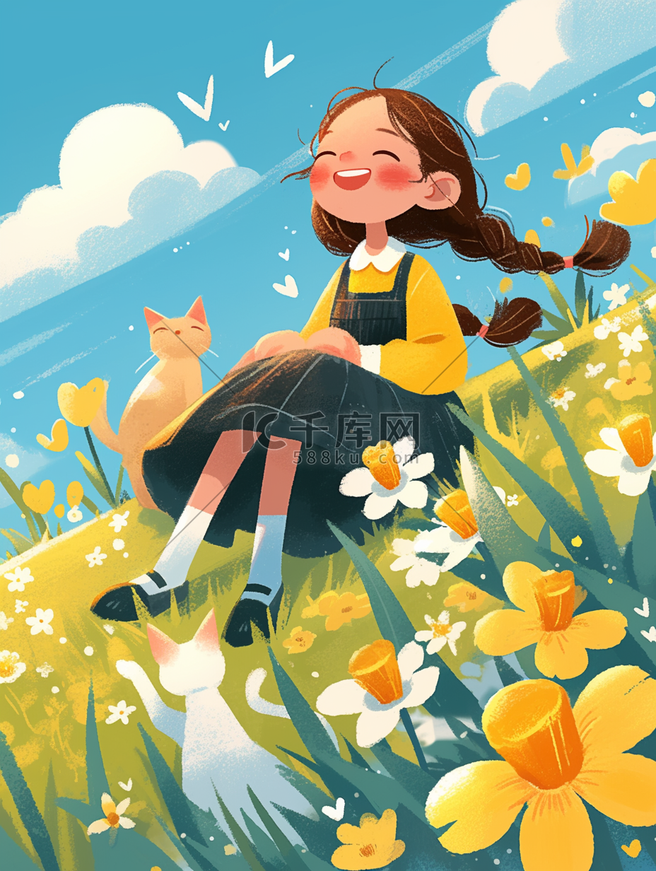 夏日卡通宫崎骏风格女孩天空插画图片-千库网