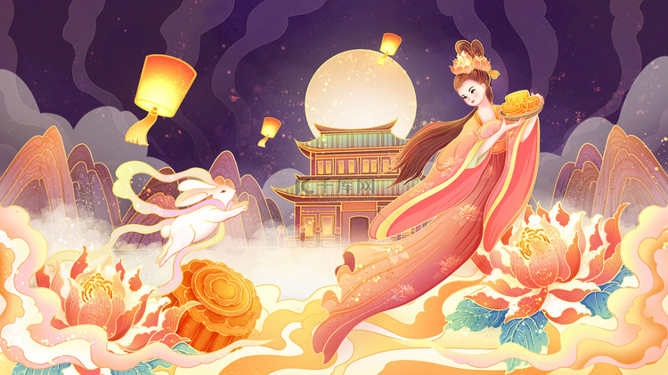 国潮风中秋节嫦娥月兔贺中秋海报插画图片-千库网
