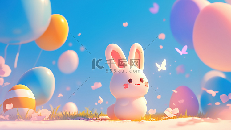 可爱的小兔子气球在草地玩耍的插画图片-千库网