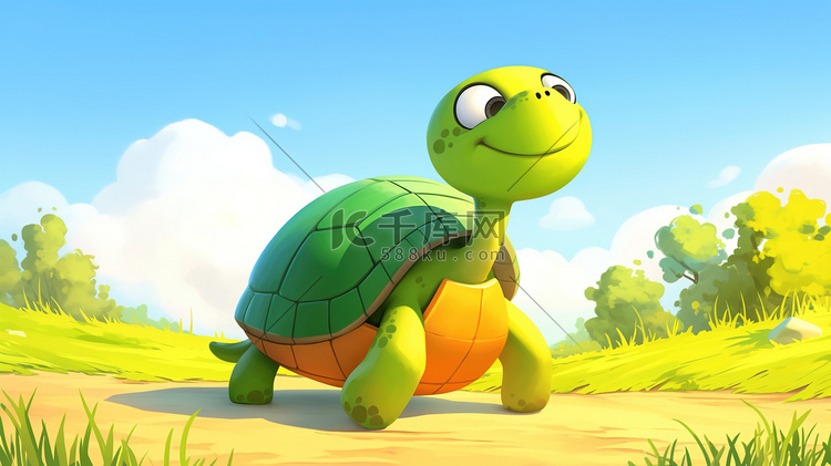 绿色乌龟在草地上耍的插画图片-千库网