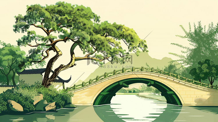国画大自然风景江南小镇树木河流小桥的插画图片-千库网
