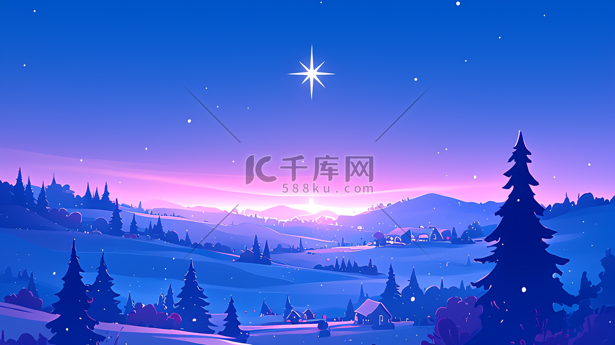 夜色下星星树木山川插画图片-千库网