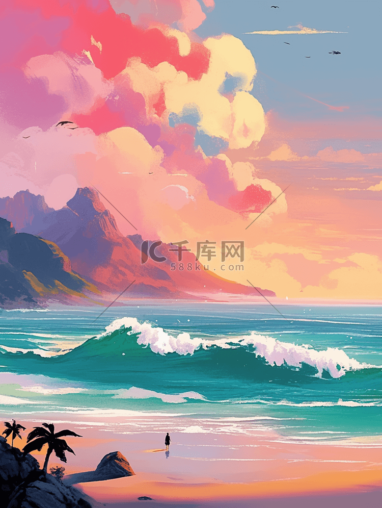 夕阳海边唯美海报插画图片-千库网
