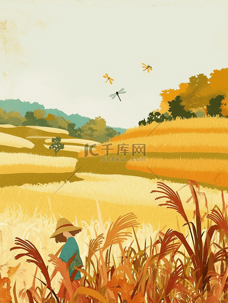 秋天丰收稻田手绘海报插画图片-千库网