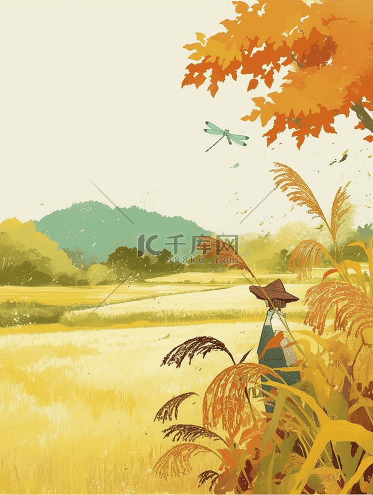 手绘秋天丰收稻田海报插画图片-千库网