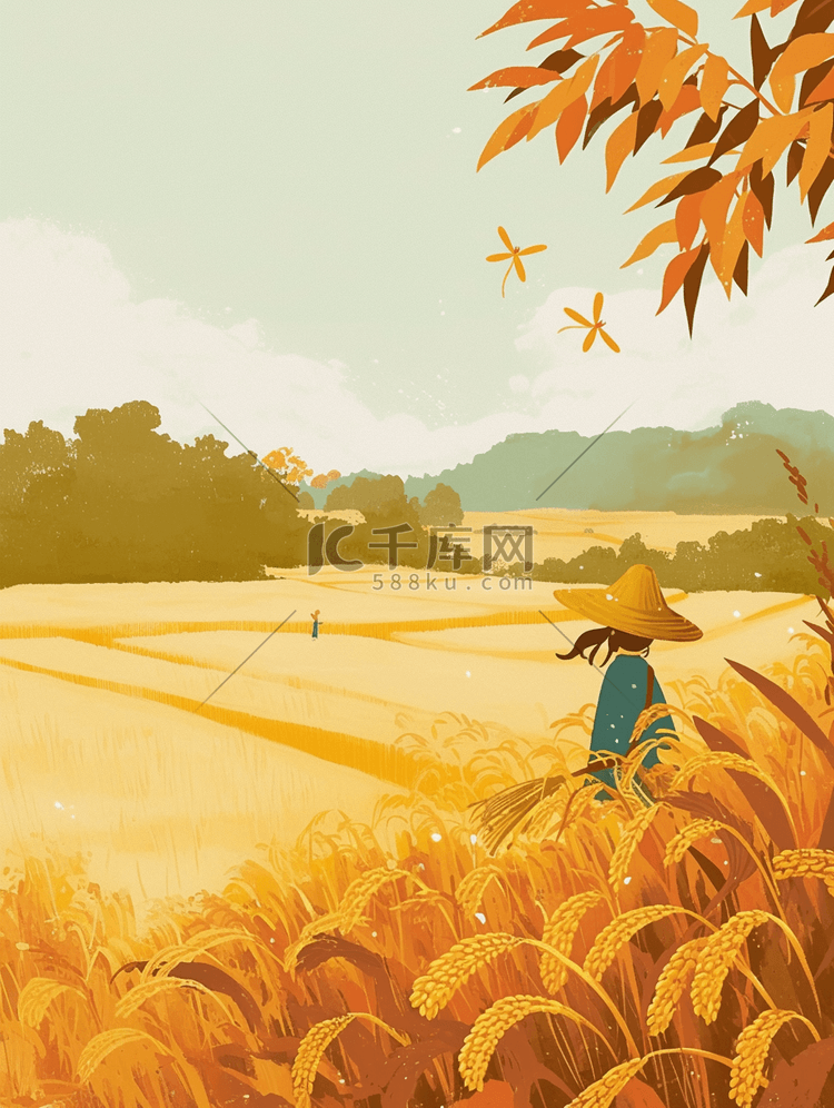 丰收稻田秋天手绘海报插画图片-千库网