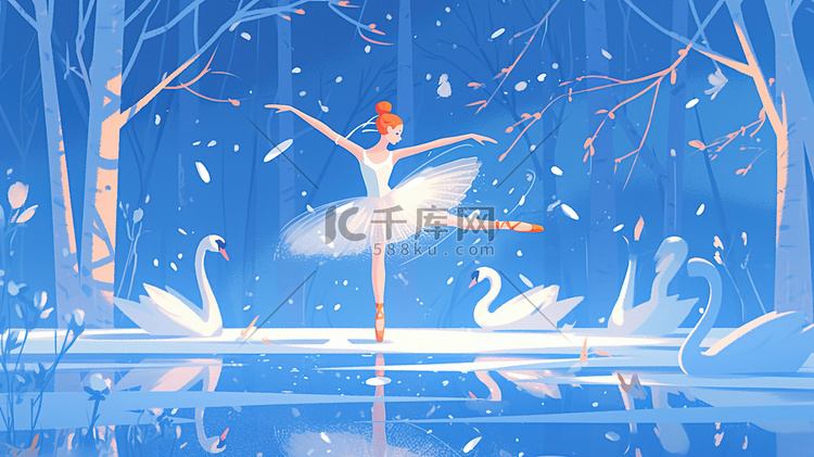 蓝色唯美场景女孩跳艺术天鹅舞的插画图片-千库网