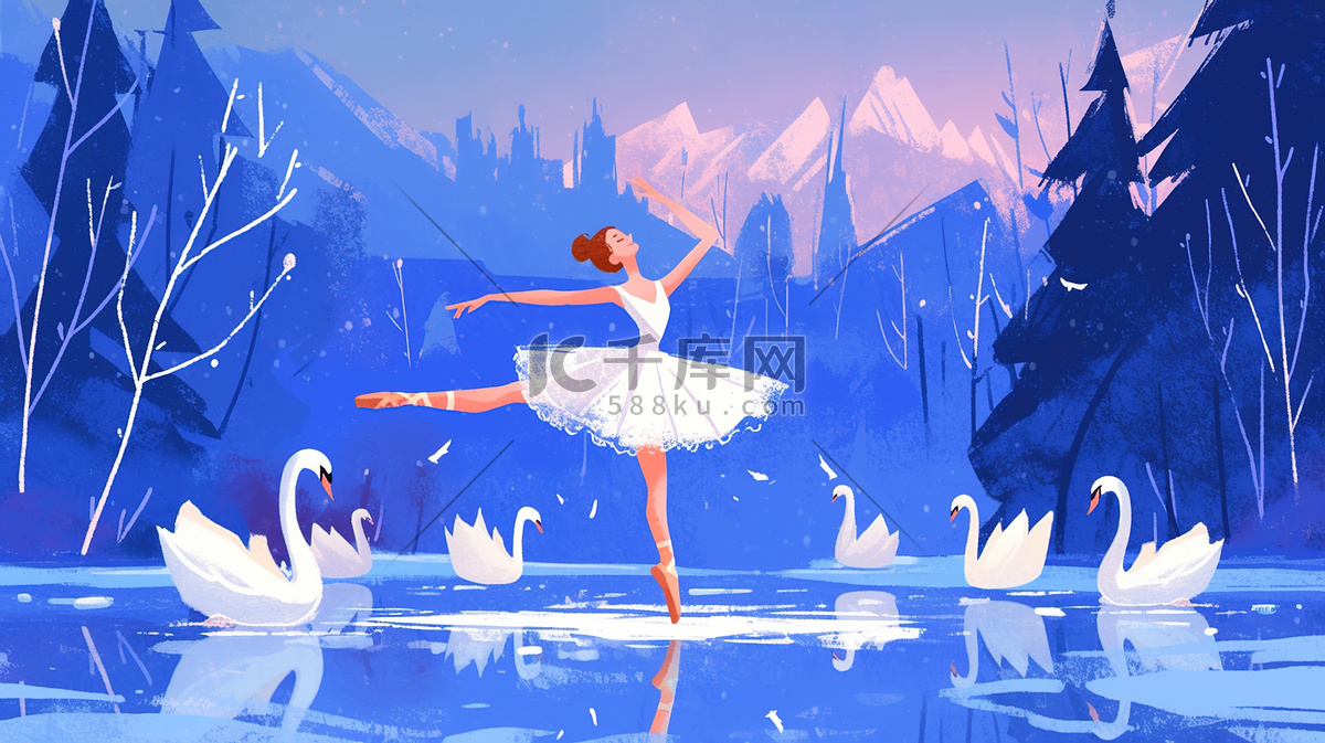 蓝色唯美场景女孩自然跳天鹅舞的插画图片-千库网