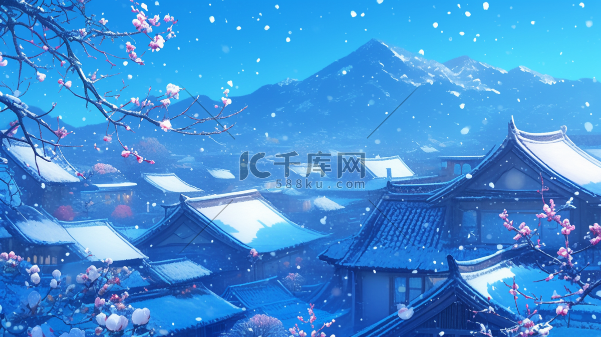 中国风蓝色雪花纷纷古建筑梅花景色插画图片-千库网