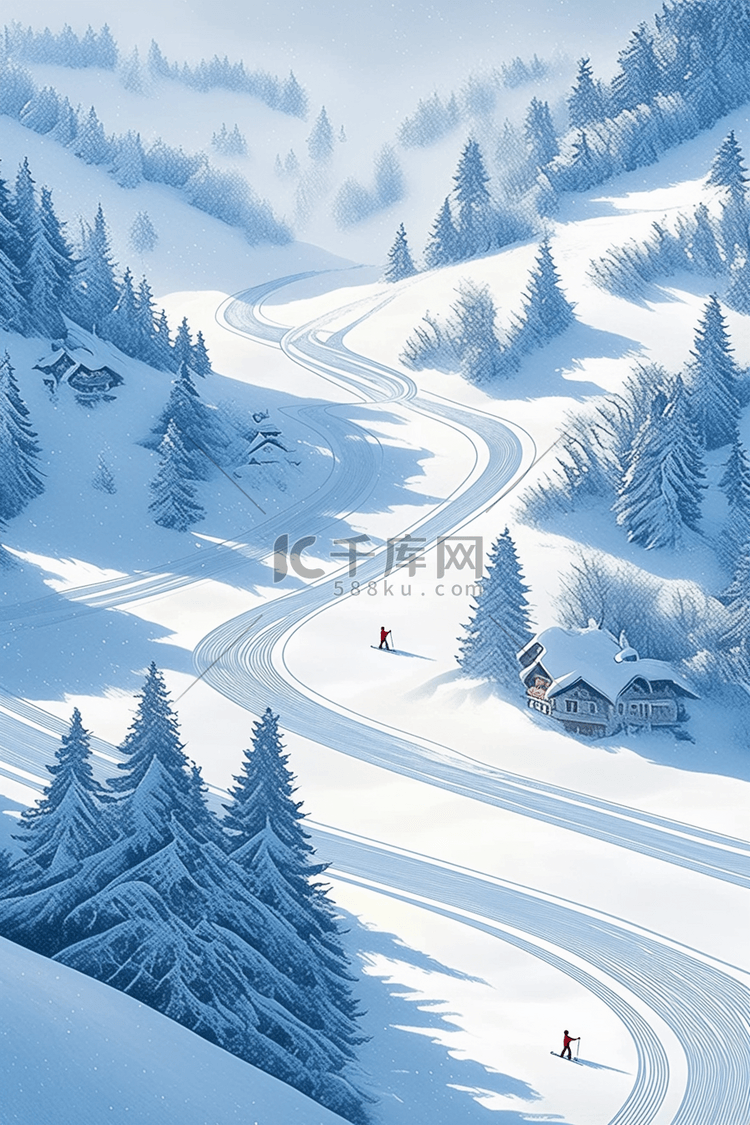 冬天雪景松树航拍手绘插画图片-千库网