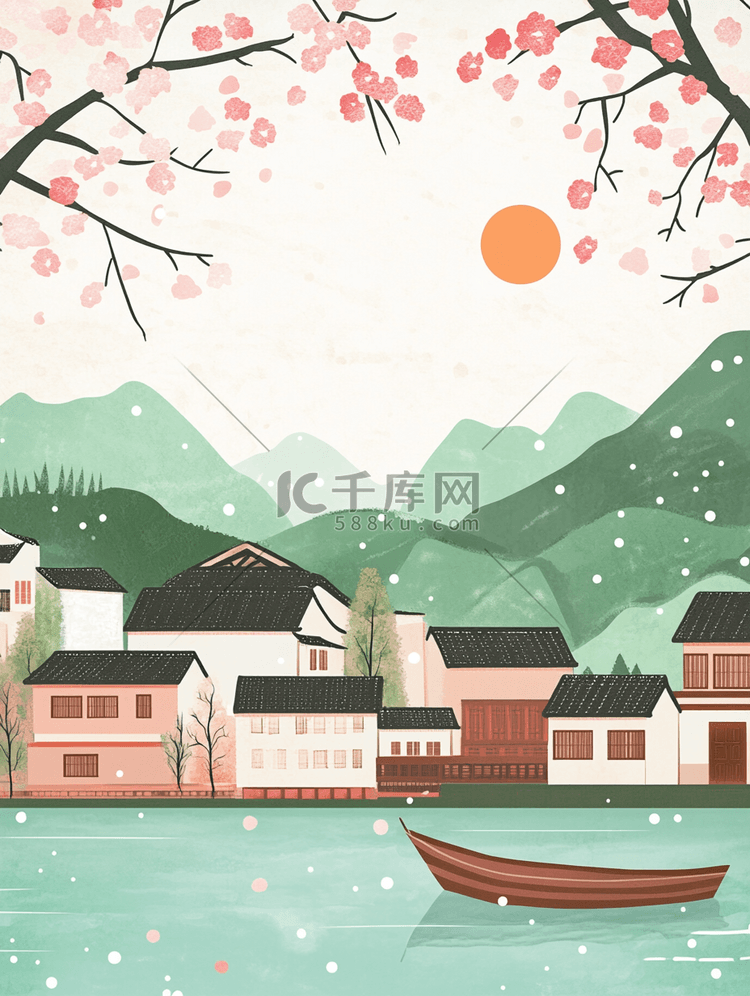 古风中国风水墨画建筑插画图片-千库网