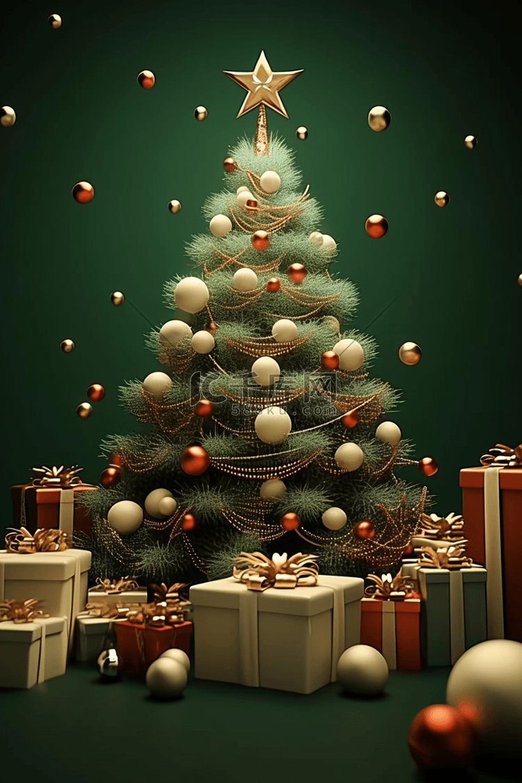 圣诞树礼物3d立体圣诞节插画图片-千库网