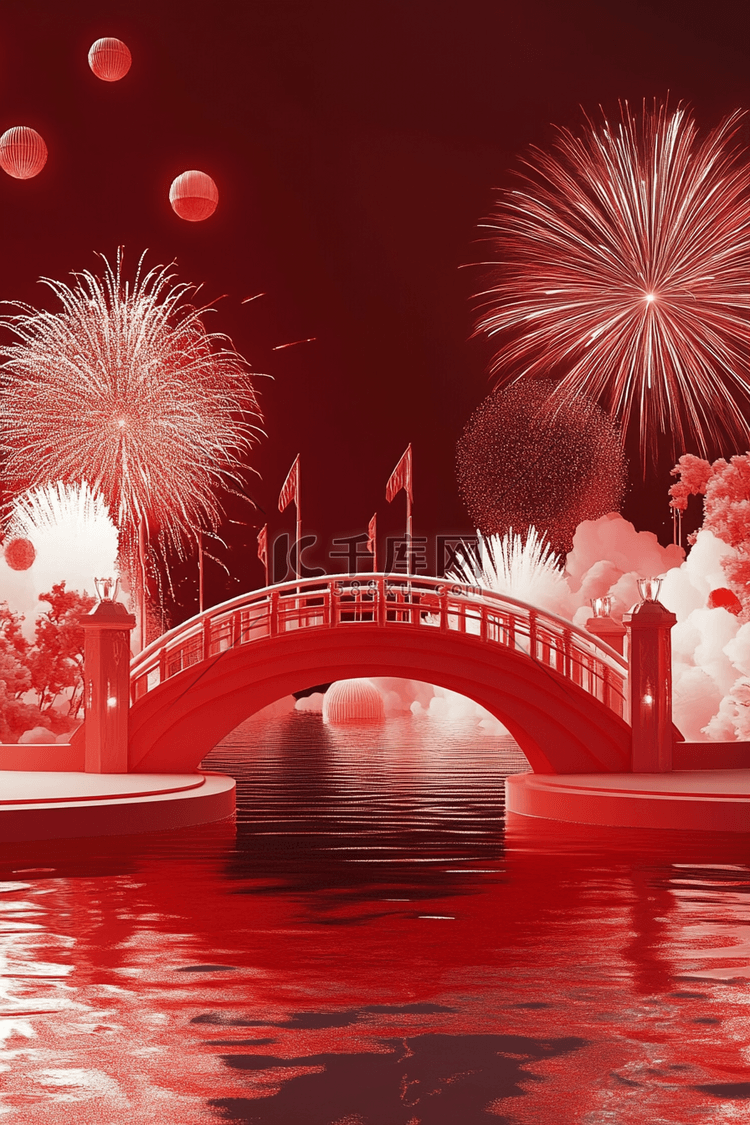 红色烟花立体新年海报插画图片-千库网