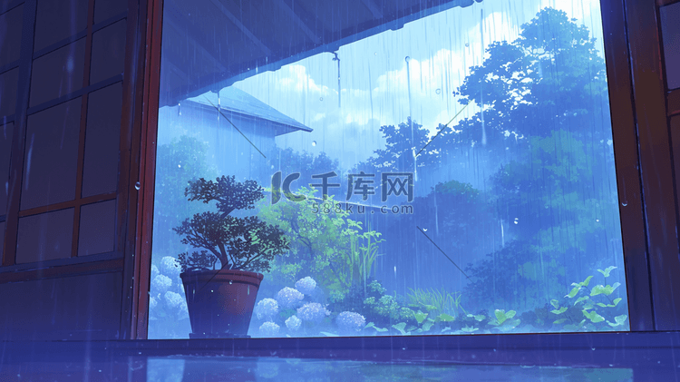 雨天窗台绿色植物插画图片-千库网