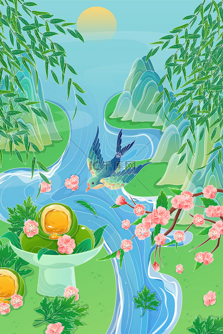 清明青团杨柳飞燕杏花艾叶山水国风插画图片-千库网