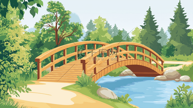 清新卡通草地树叶小桥插画图片-千库网