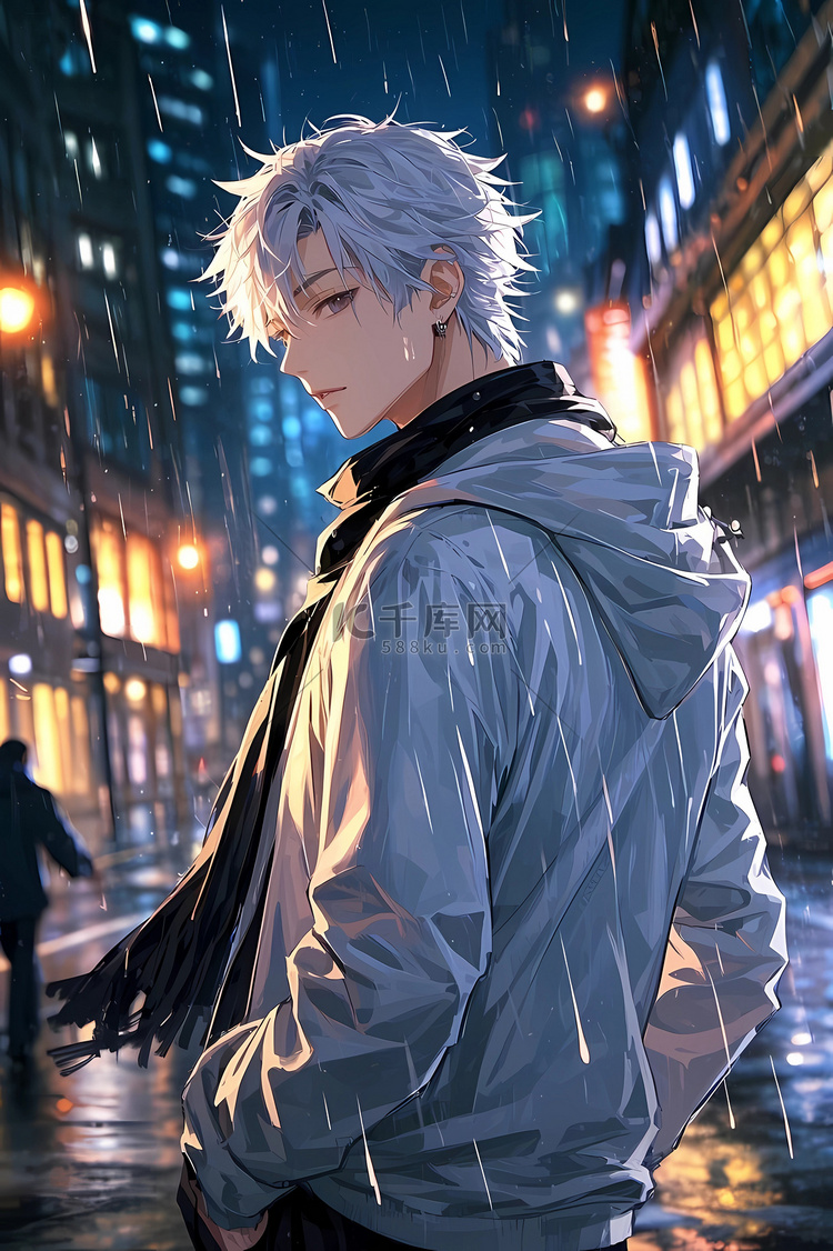 都市夜景风二次元夜景中沉稳的成熟少年插画图片-千库网