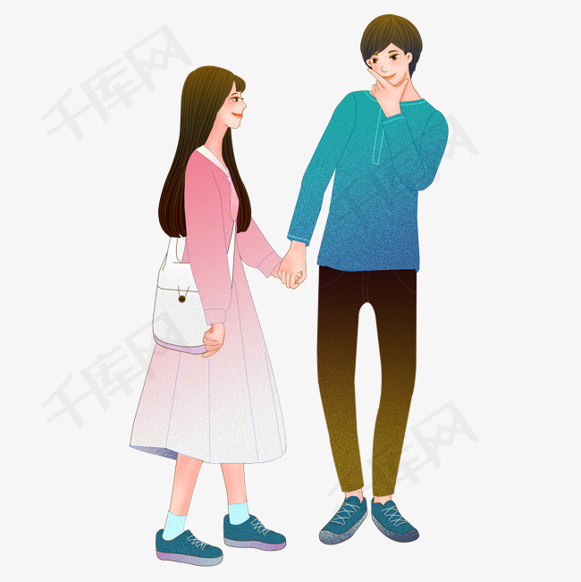 韩系牵手情侣手绘插画素材图片免费下载-千库网