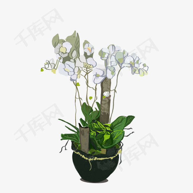 仿真手绘白花绿叶盆栽素材图片免费下载-千库网