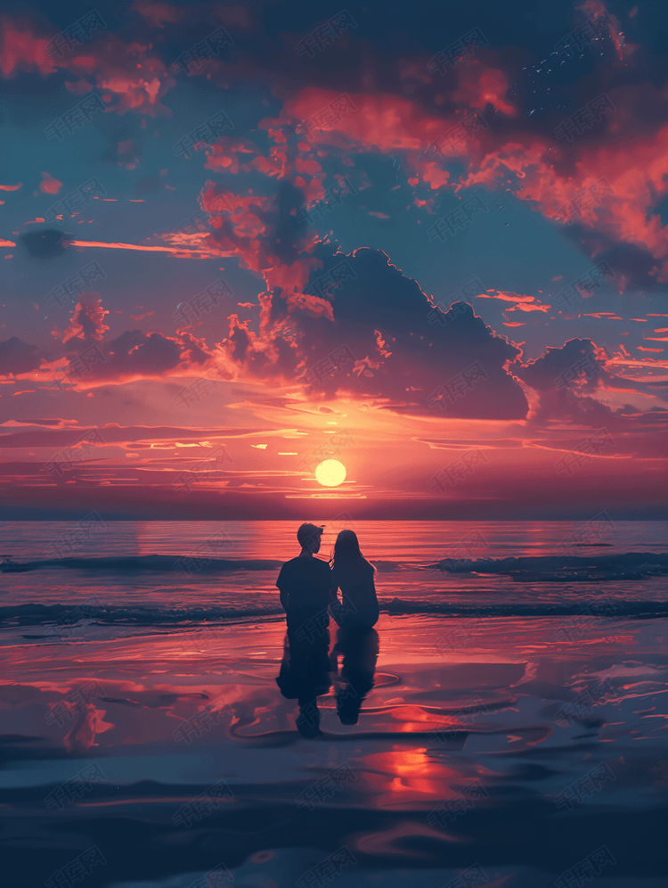 看晚霞背影深情高清摄影大图-千库网