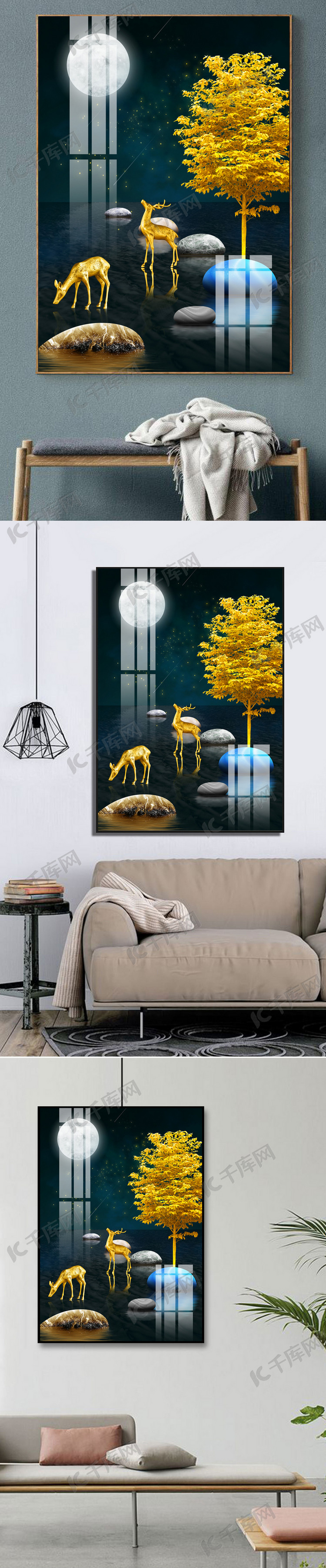 新中式传统装饰金色简约装饰画海报模板下载-千库网