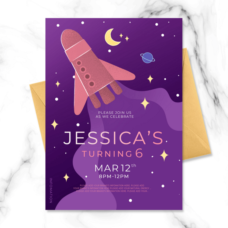 紫色太空火箭生日聚会邀请函海报模板下载-千库网