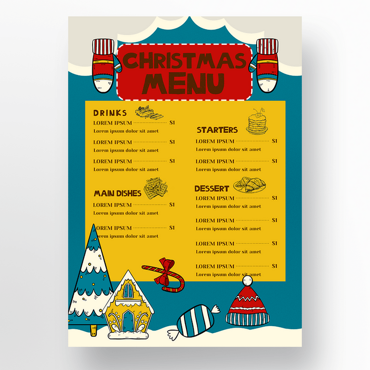 蓝色可爱圣诞节手绘菜单海报模板下载-千库网