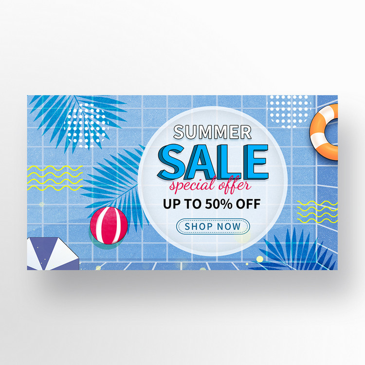 夏日游泳池简约几何网格促销banner海报模板下载-千库网