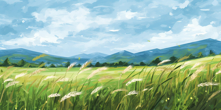 初夏挂画麦穗蓝绿水粉画装饰画海报模板下载-千库网