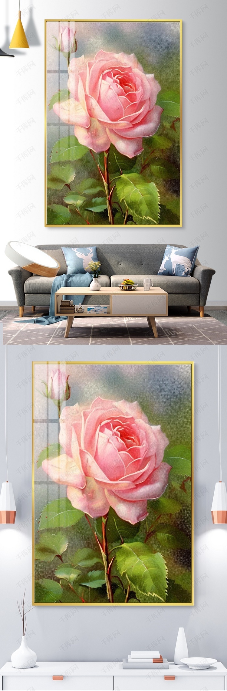 月季花挂画花朵粉色油画装饰画海报模板下载-千库网