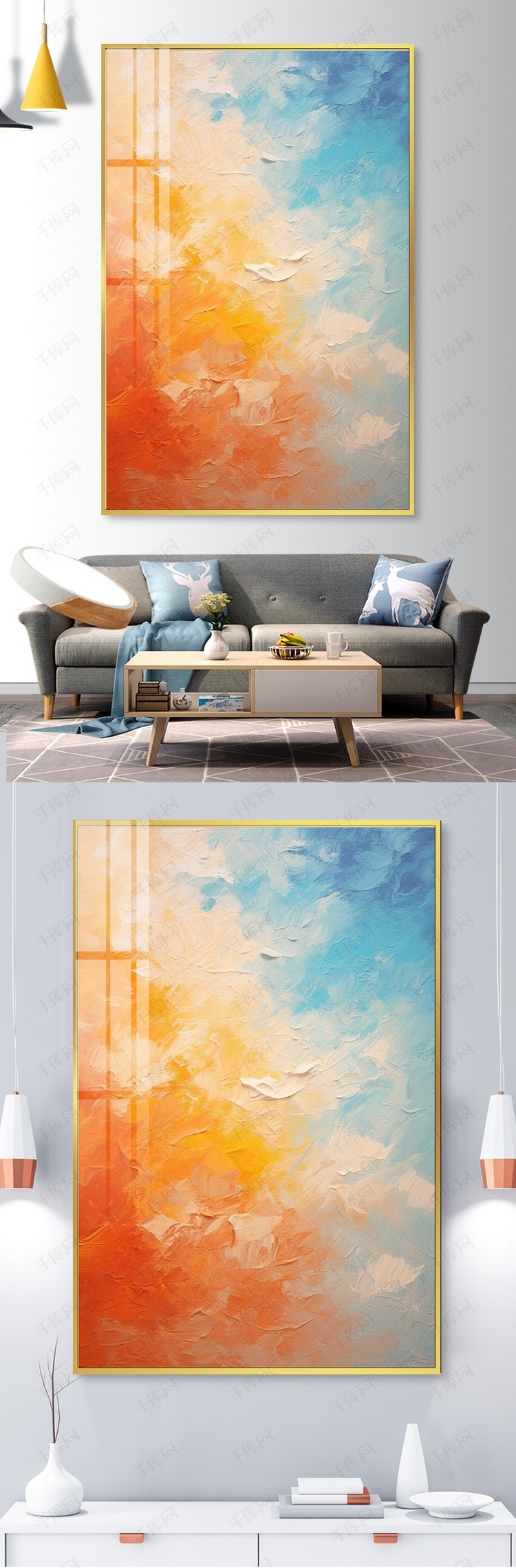 抽象装饰画颜料蓝橙油画装饰画海报模板下载-千库网