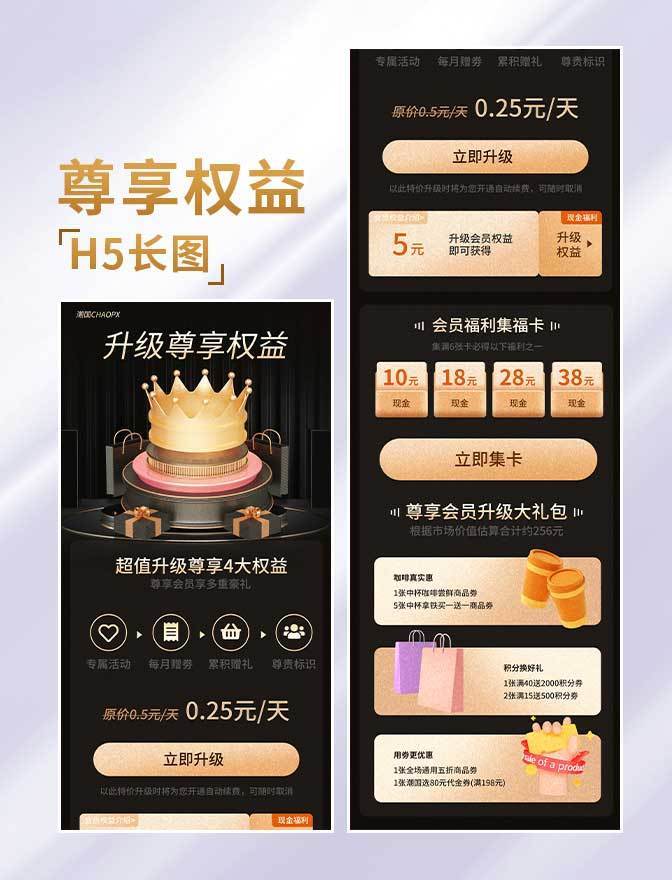 权益升级开通会员VIP黑金色H5长图设计海报模板下载-千库网
