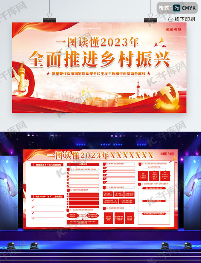 党建风简约创意2023年全面推进乡村振兴政策学习党建公益宣传展板海报模板下载-千库网