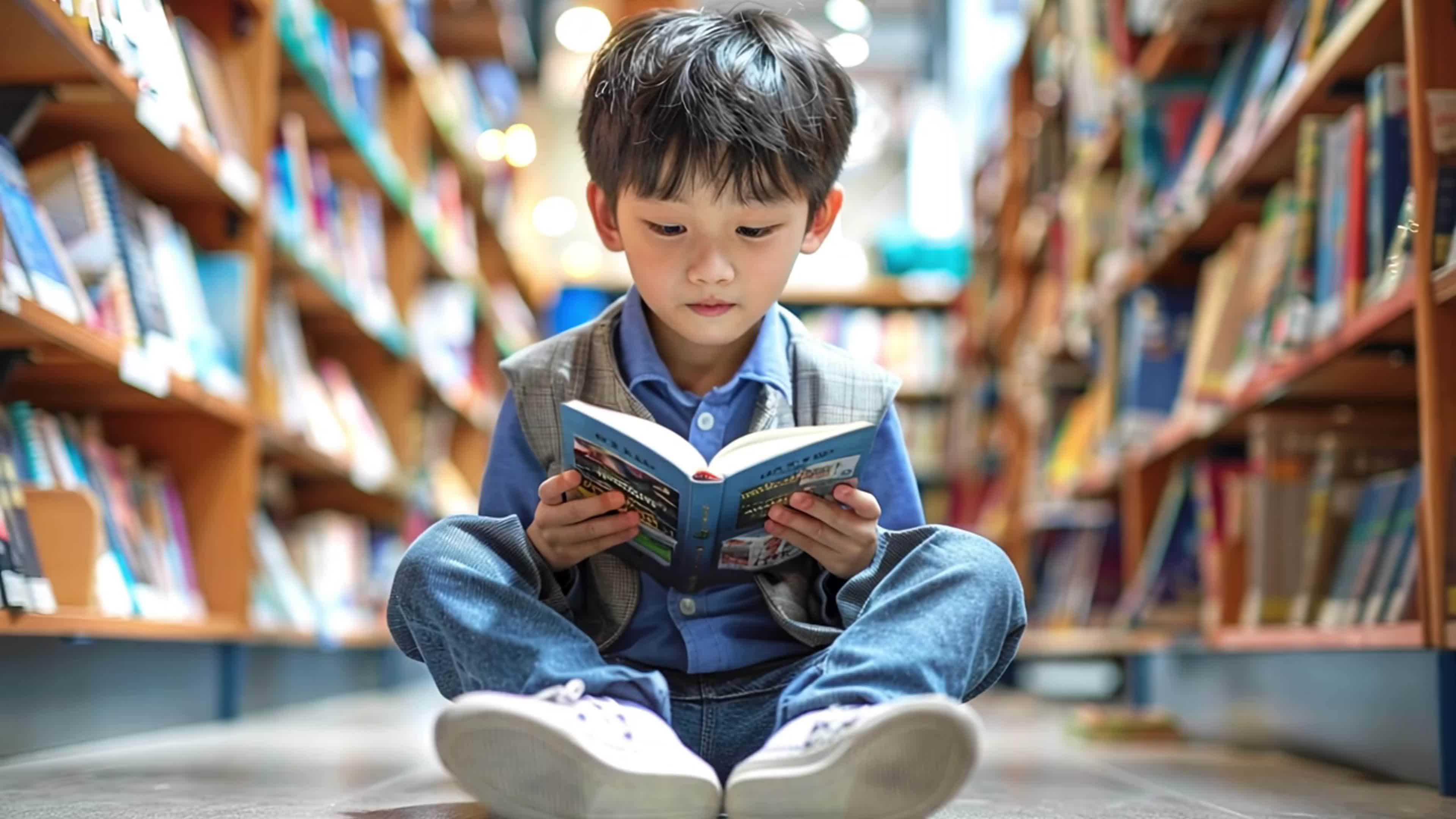 4k图书馆里看书的男孩素材实拍视频素材视频特效素材-千库网