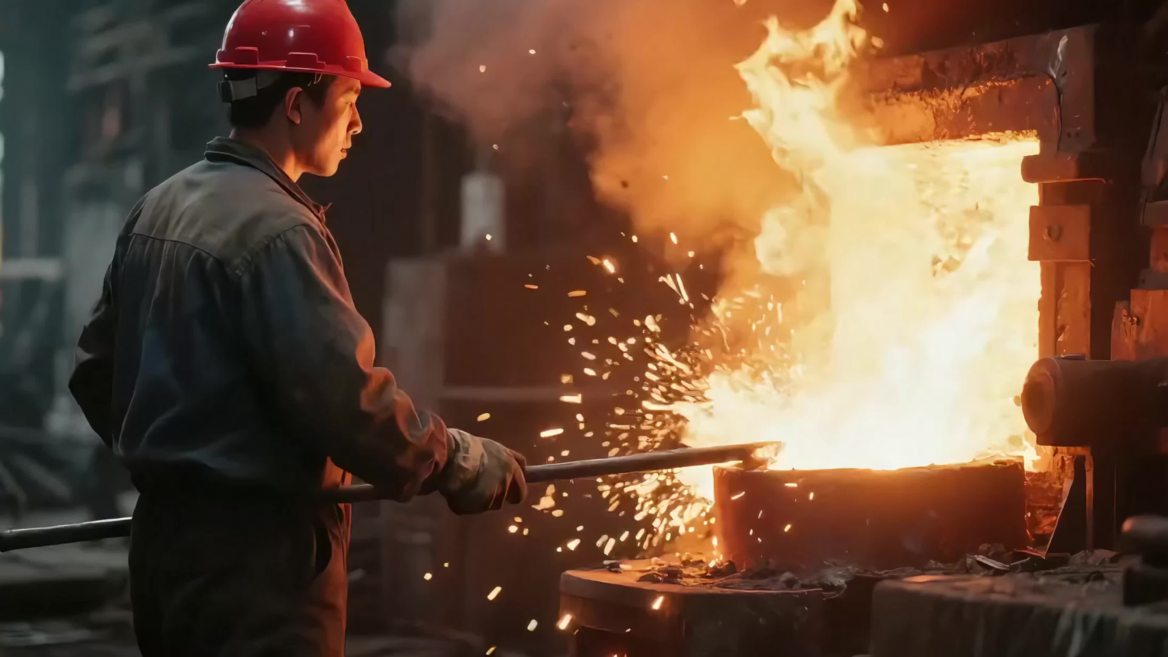 实拍炼钢厂工人高温作业视频视频实拍视频特效素材-千库网