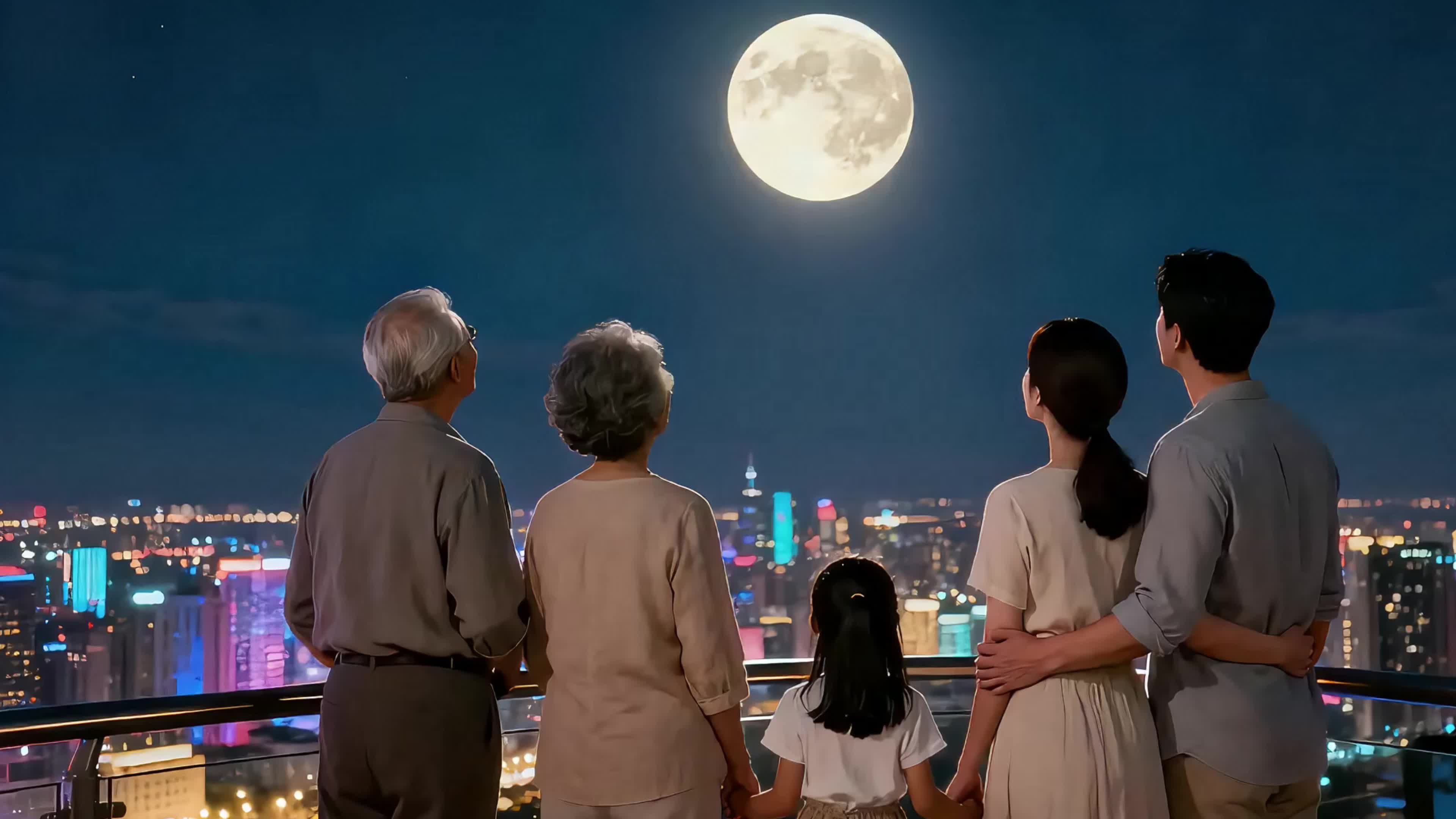 实拍中秋节一家人一起赏月视频实拍视频素材视频特效素材-千库网