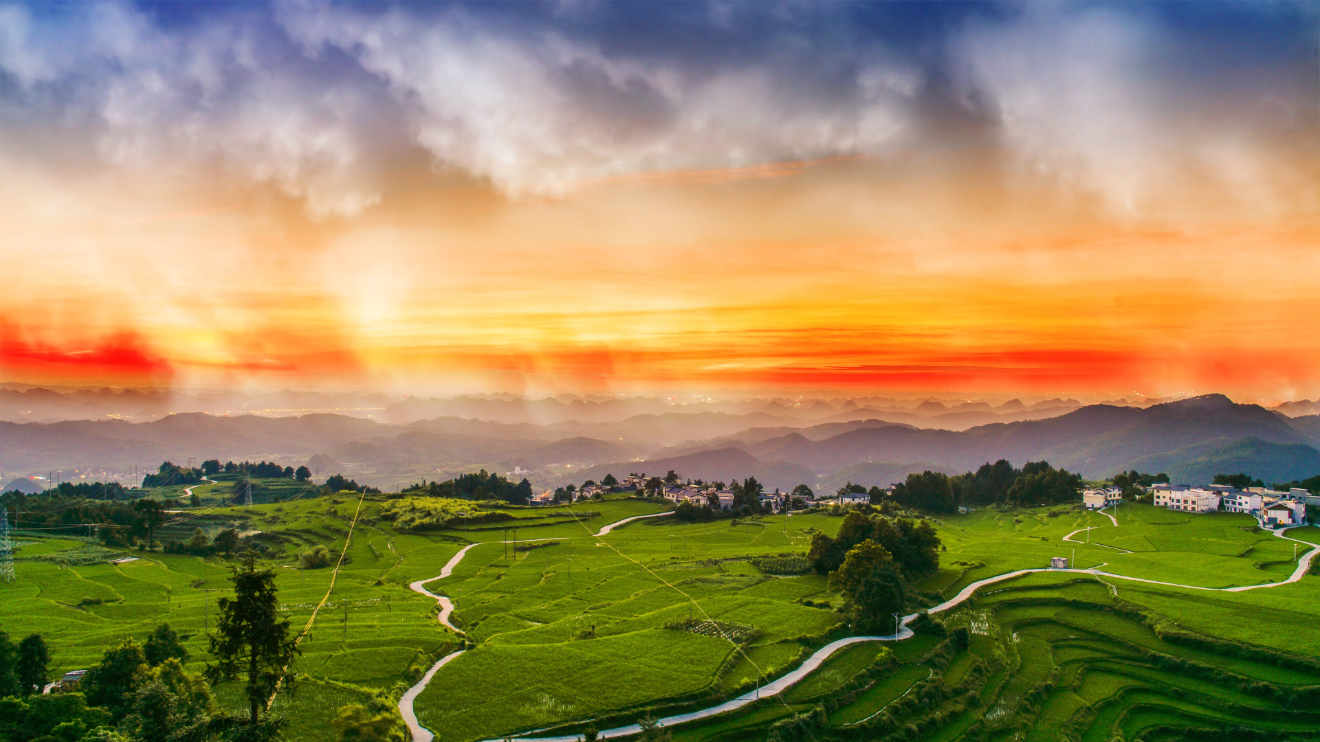 春天田野夕阳白云风光创意合成背景视频视频特效素材-千库网